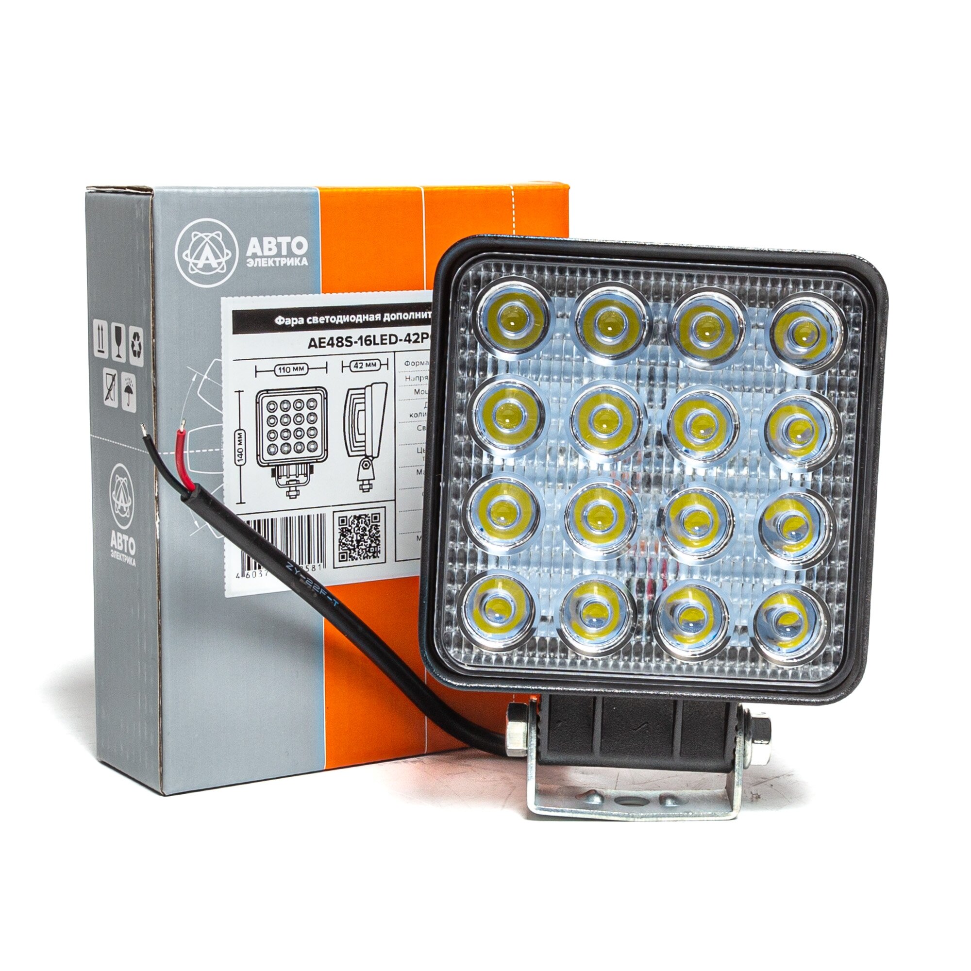 Фара светодиодная дополнительная, 12/24В, 16LED, квадратная, арт. AE48S16LED42PC АвтоЭлектрика