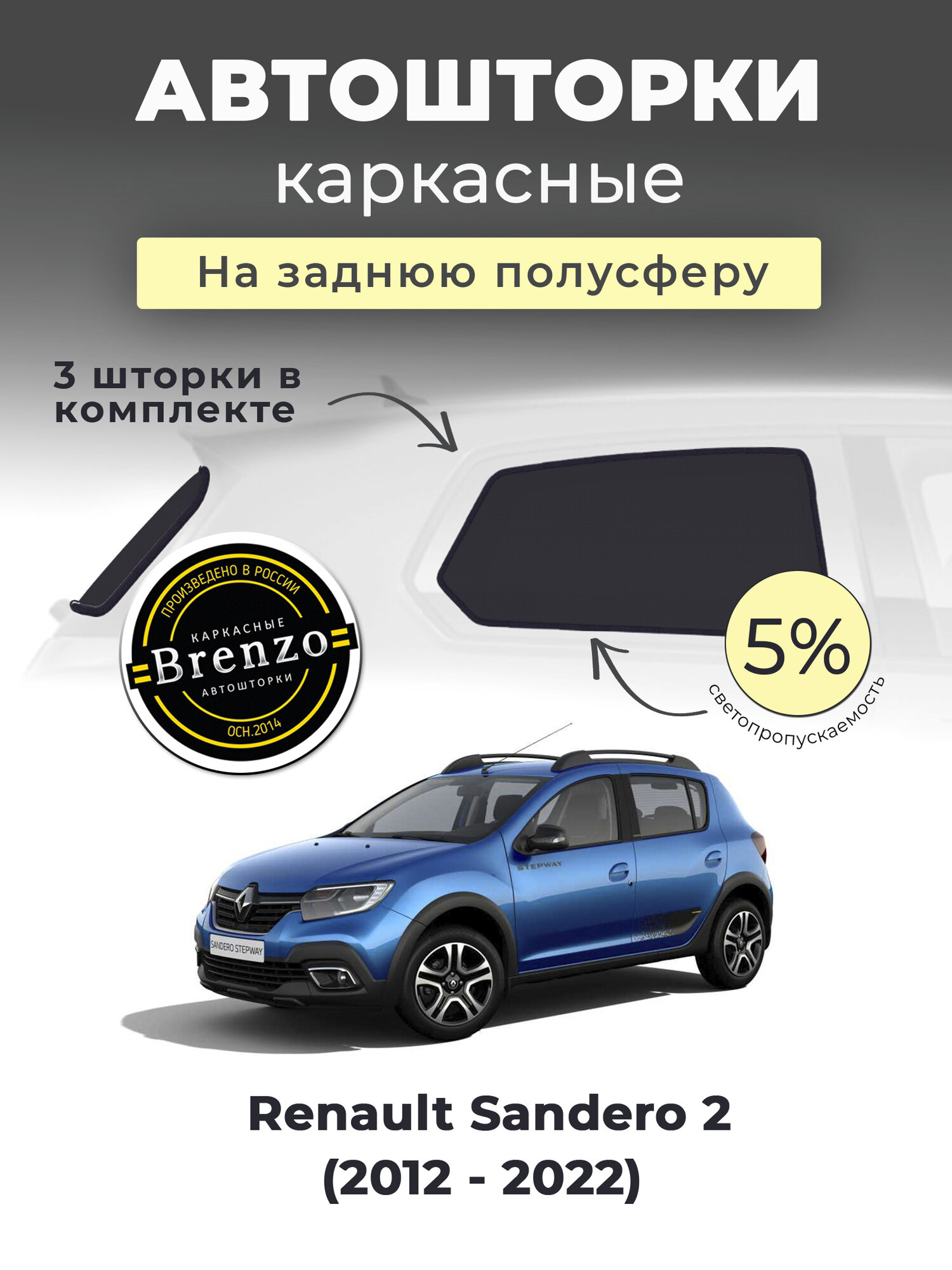 Каркасные шторки Renault Sandero 2 (2012 - 2022) на заднюю полусферу 5%, сетки от солнца в машину
