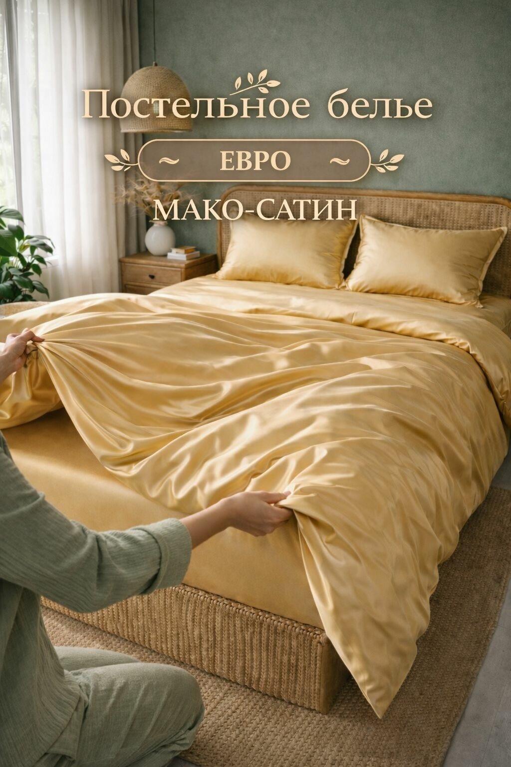 Постельное белье евро с простыней на резинке 180х200, мако сатин египетский хлопок, "охра"