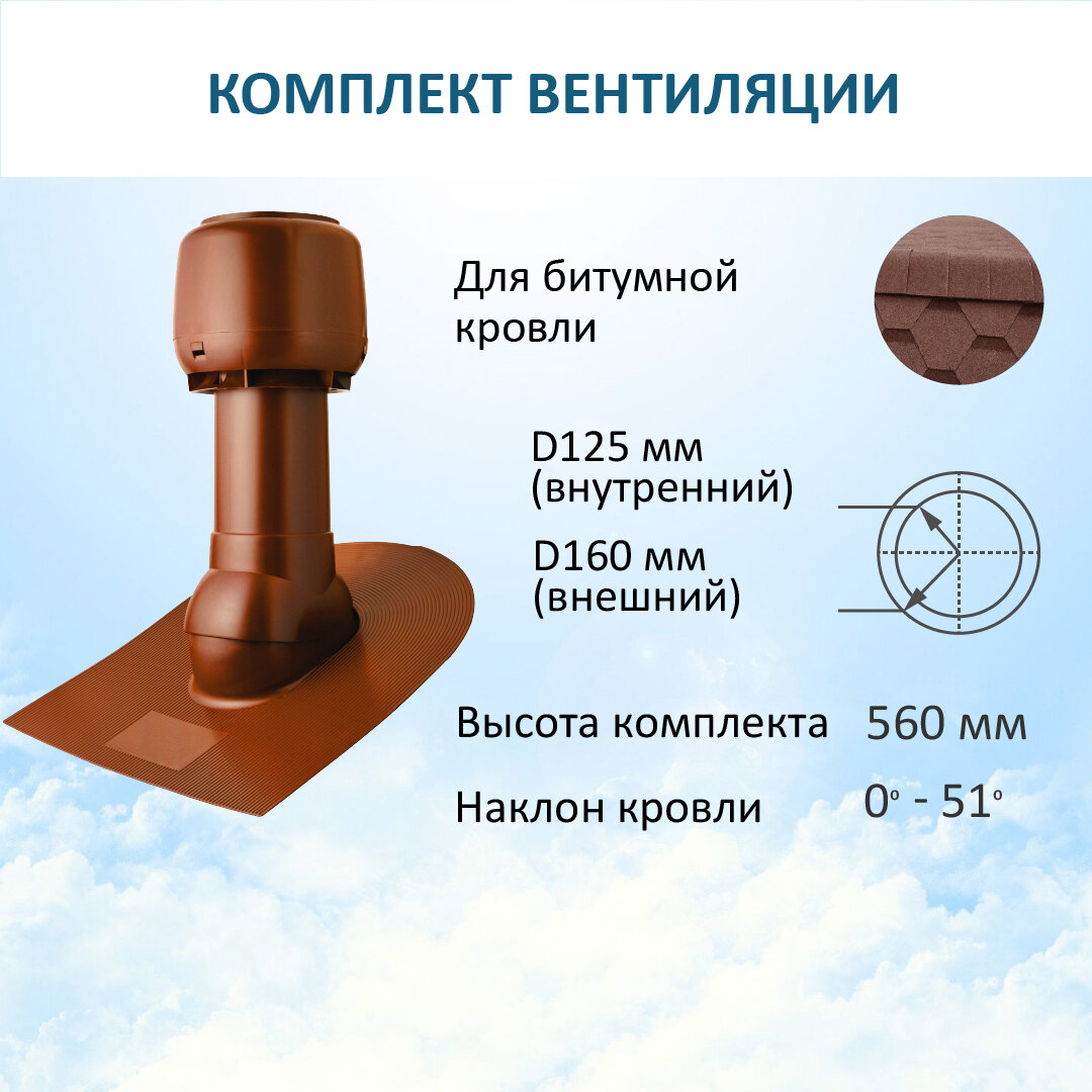 Комплект вентиляции: Вентиляционный выход D125/160, для битумной кровли, колпак D160 мм, красный