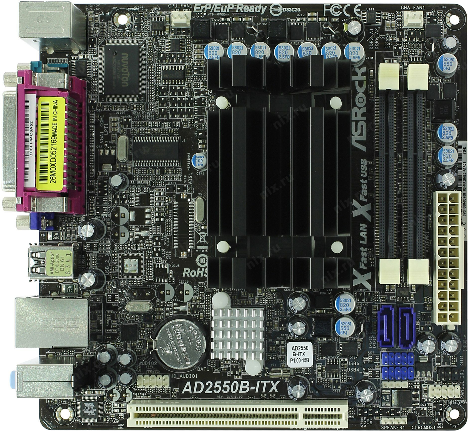 Материнская плата ASRock AD2550B-ITX (Atom D2550 CPU onboard) Intel NM10 SVGA+LAN SATA Mini-ITX 2DDR3 SODIMM