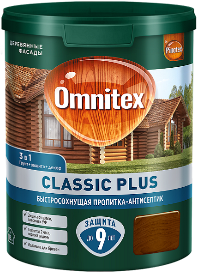Пропитка-Антисептик Omnitex Pinotex Classic Plus 3 в 1 0.9л Лиственница для Защиты Древесины до 9 лет /Омнитекс Пинотекс Классик Плюс.