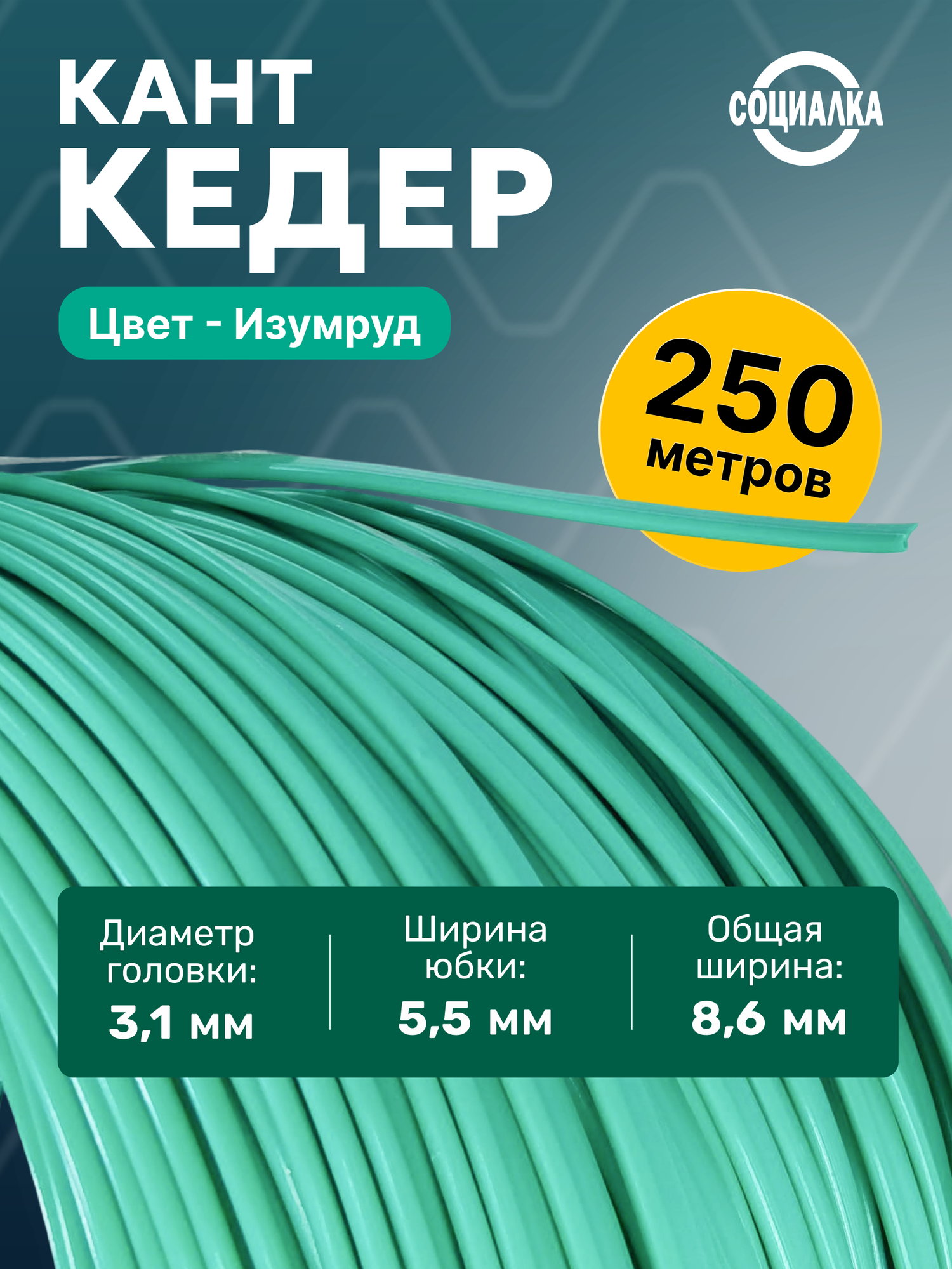 Кедер (кант, жилка) для сумок, авточехлов и одежды, намотка 250м, изумруд/размер: ширина головки 3,1мм; длина юбки 5.5мм