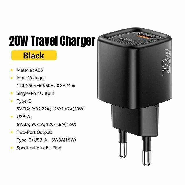Зарядное устройство, для смартфонов, Android, быстрая зарядка, USB Type-C, черное