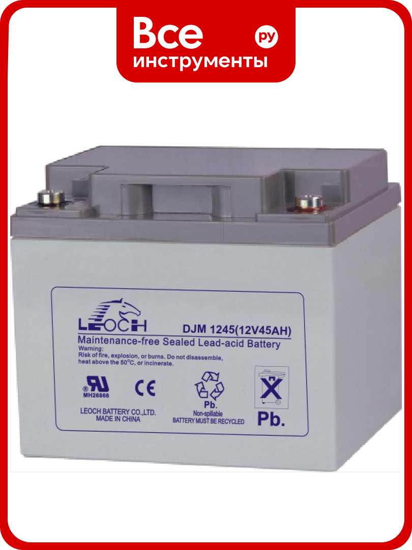 Аккумулятор Leoch DJM1245 для ИБП, 12В, 45Ач, AGM, обратная полярность, размеры 170x165x197 мм, вес 14.5 кг, Max ток зар