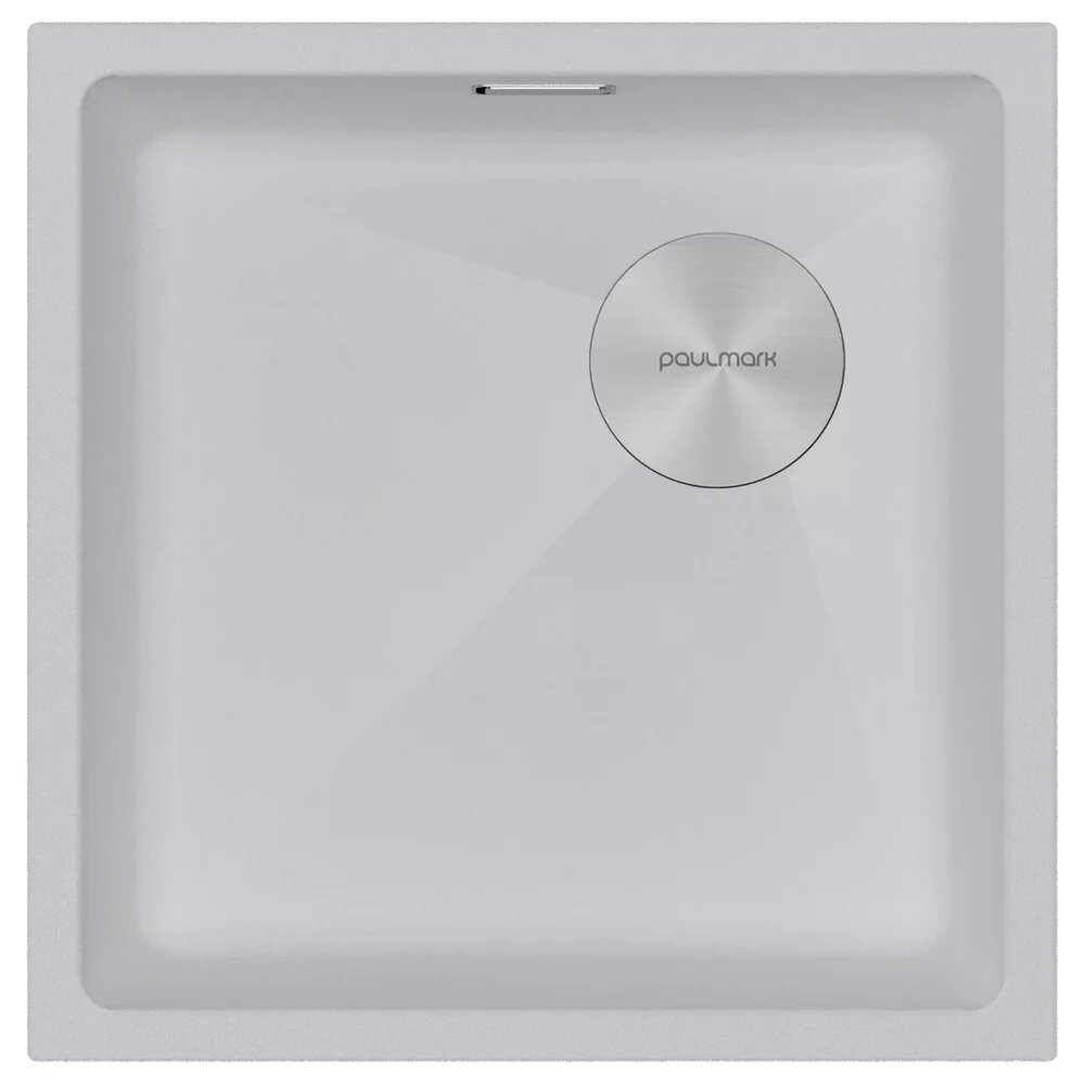 Мойка кухонная Paulmark Lumi LU45SK-WH гранитная, 45x46, квадратная, белая, матовая, мойка для кухни, встраиваемая снизу, с сифоном, со сливом-переливом