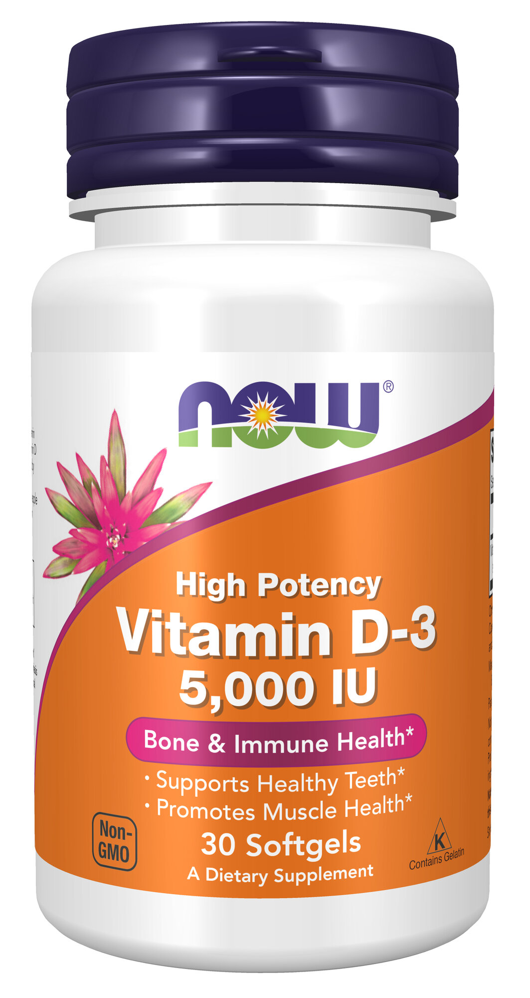 NOW High Potency, Vitamin D3 5000 IU, Витамин Д3 (холекальциферол), 30 капсул, для иммунитета, для костей и зубов