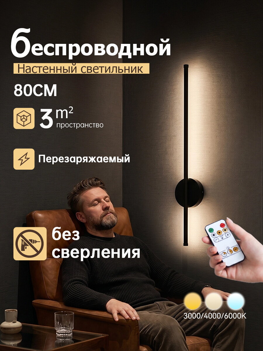 SEEDIQ беспроводной светильник настенный без сверления Перезаряжаемый Чёрный бра на стену в гостиной