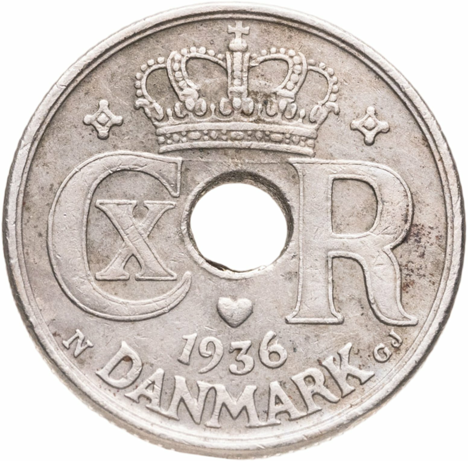 Дания 10 эре ore 1936, Мельхиор медь-никель, в сохранности VF