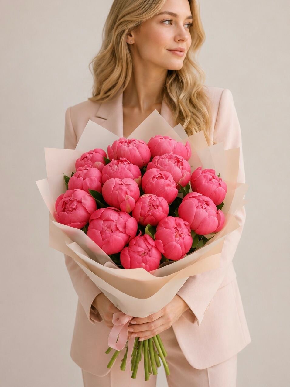 Букет из 15 коралловых пионов