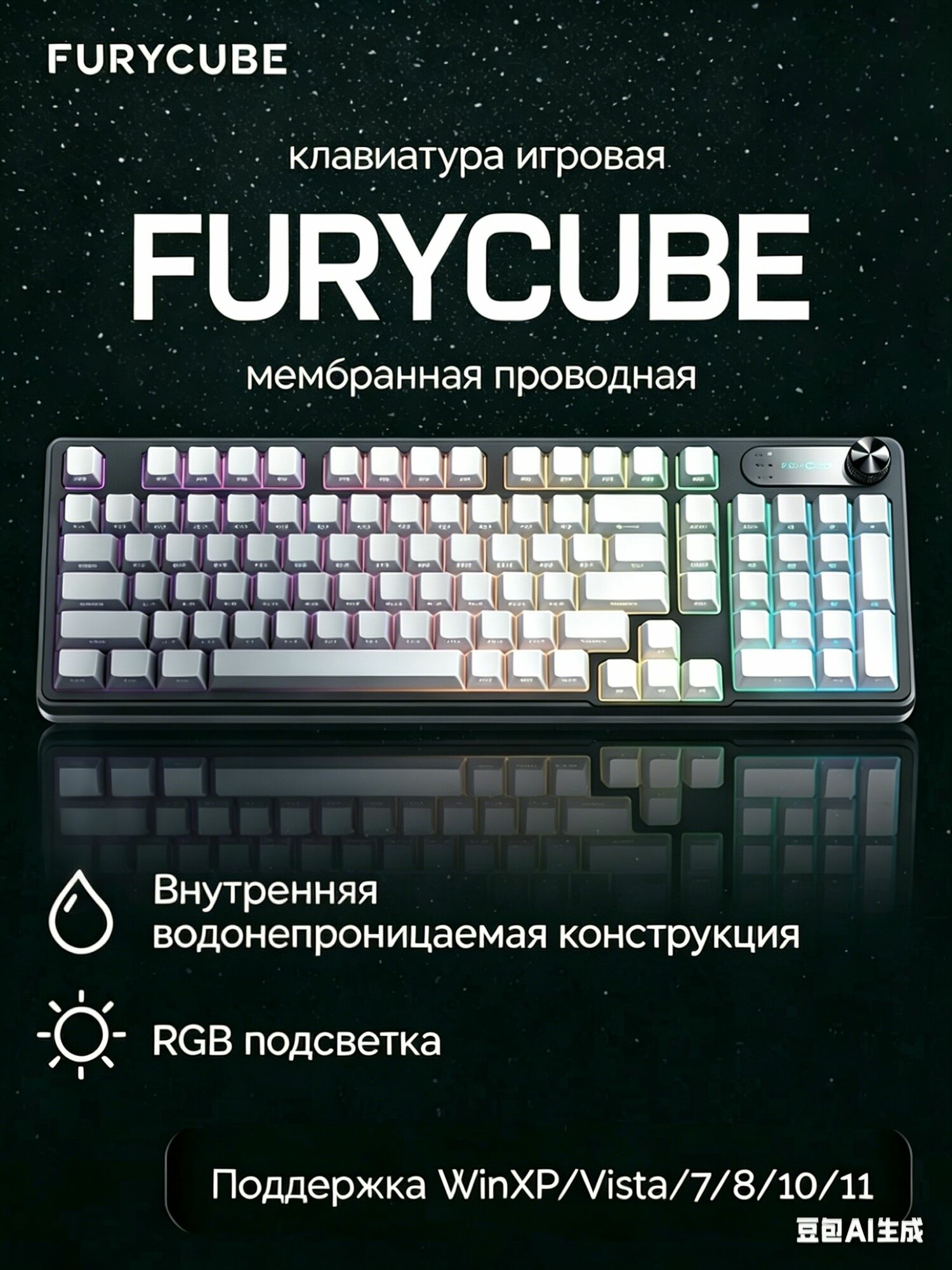 FURYCUBE IP98 проводная пленочная клавиатура с боковым нанесением символов и подсветкой. влаго- и пылезащита, раскладка на русском языке, RGB-подсветка. Градиентно-серый цвет.