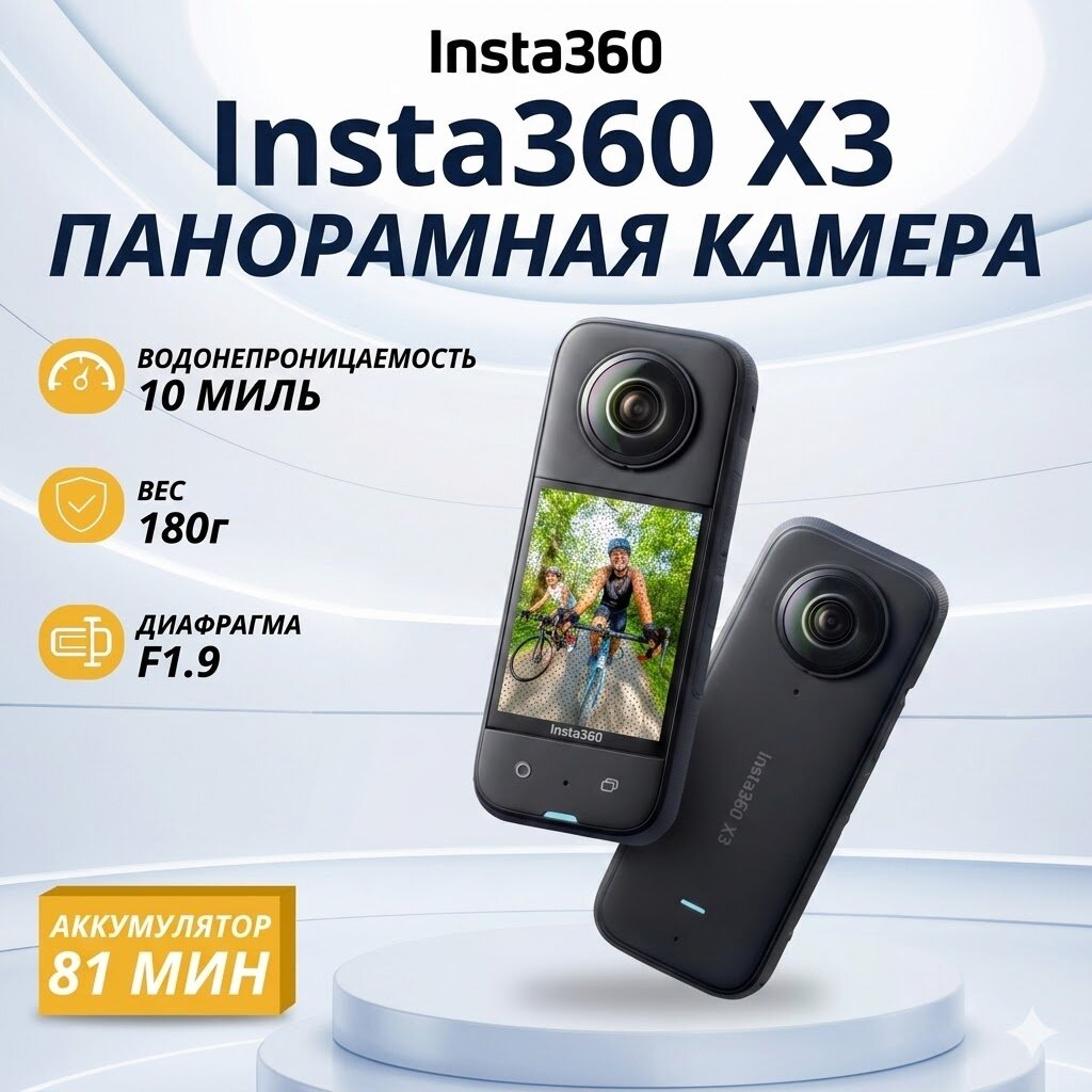 Insta360 X3 - панорамная экшн камера 360 градусов (разрешение 5,7K 30/60 FPS, влагозащита, сенсорный экран)