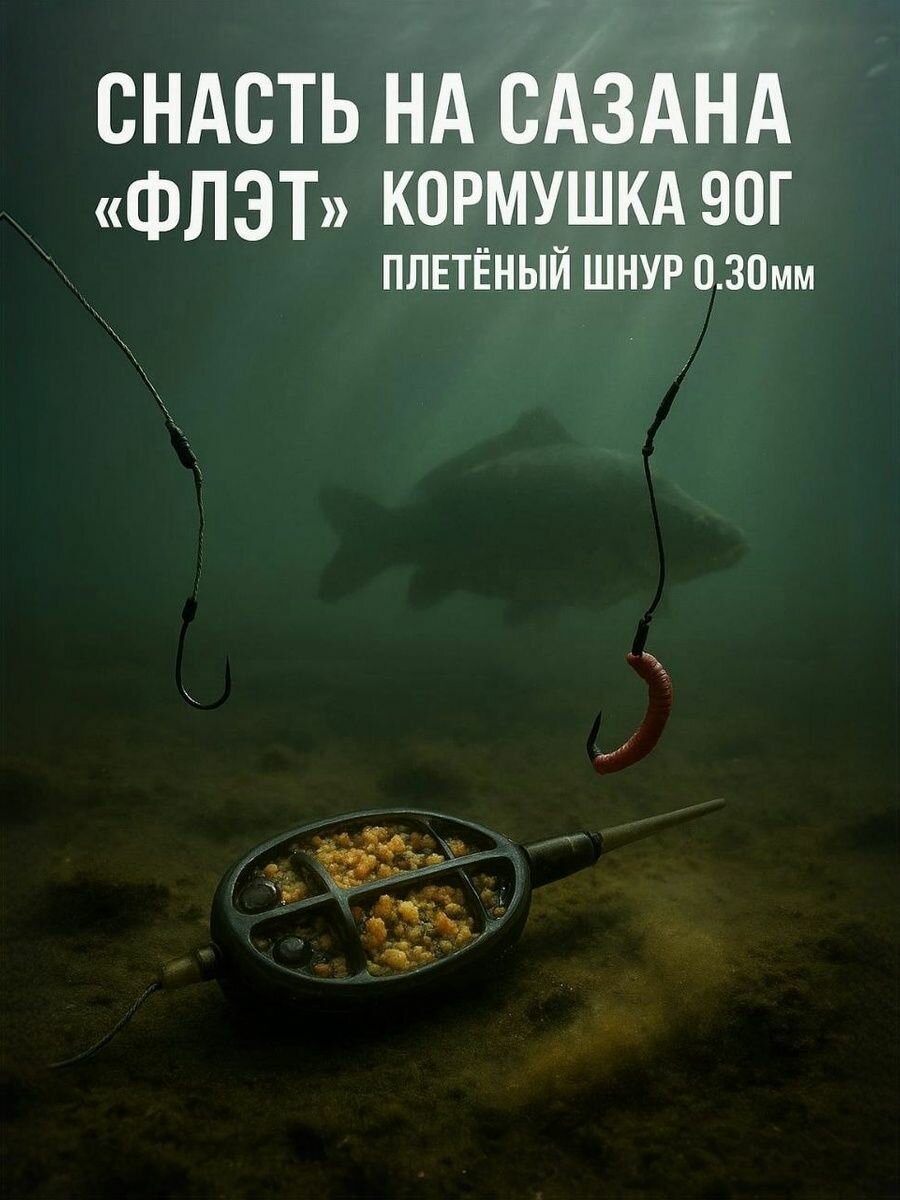 Фидерный монтаж с кормушкой флэт 90гр, плетеный шнур 0,30мм, 2 крючка №6 / снасть на сазана