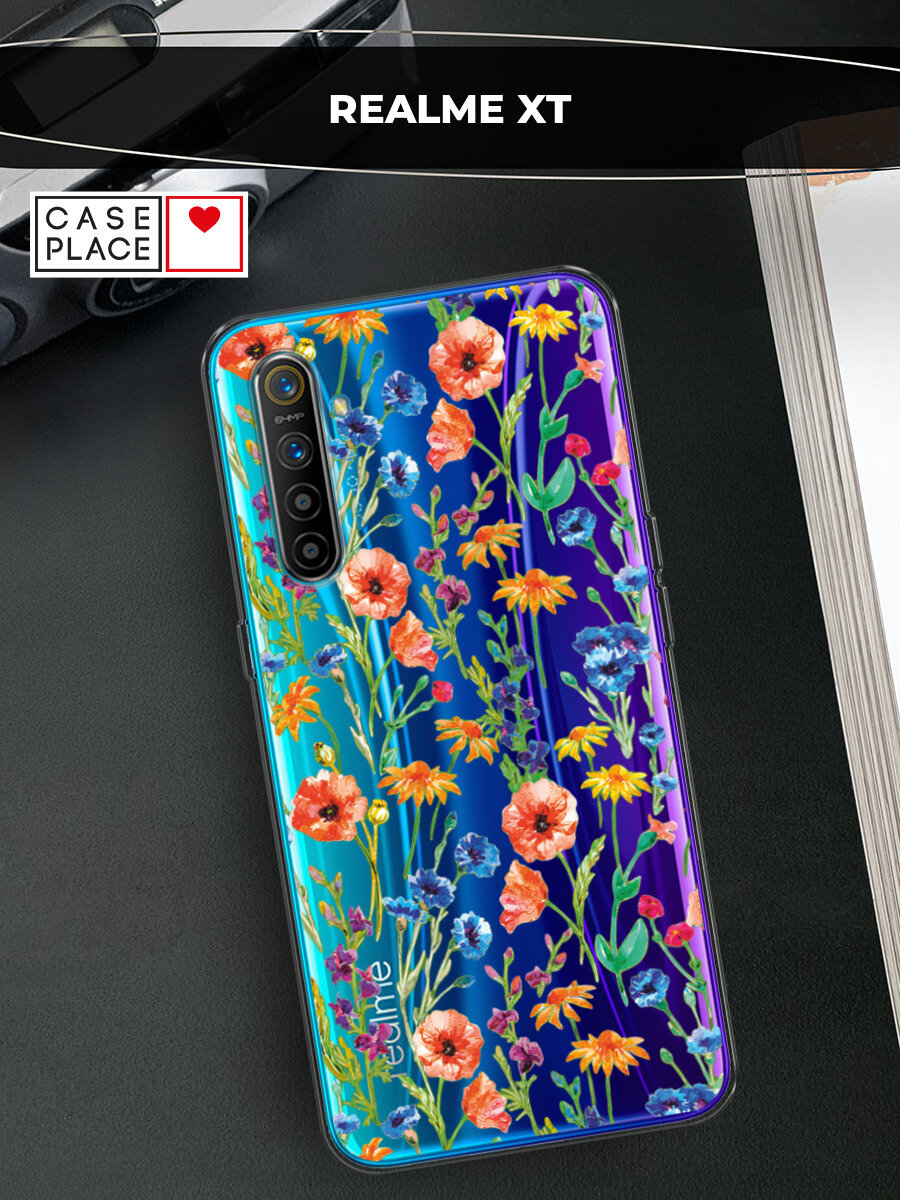 Чехол на Realme XT / Реалми XT с принтом Маки и васильки фон, прозрачный