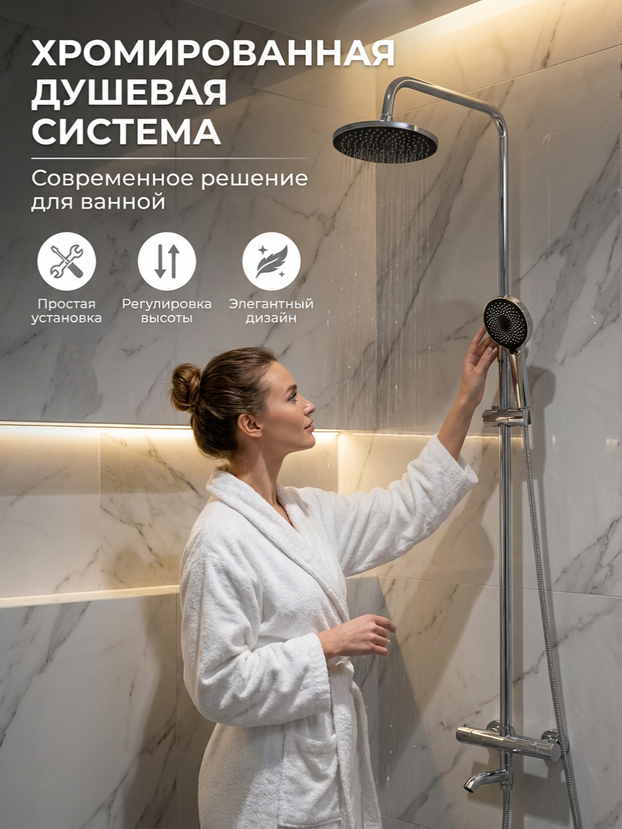 Душевая система Diadonna, с термостатом, хромированная, 3 режима