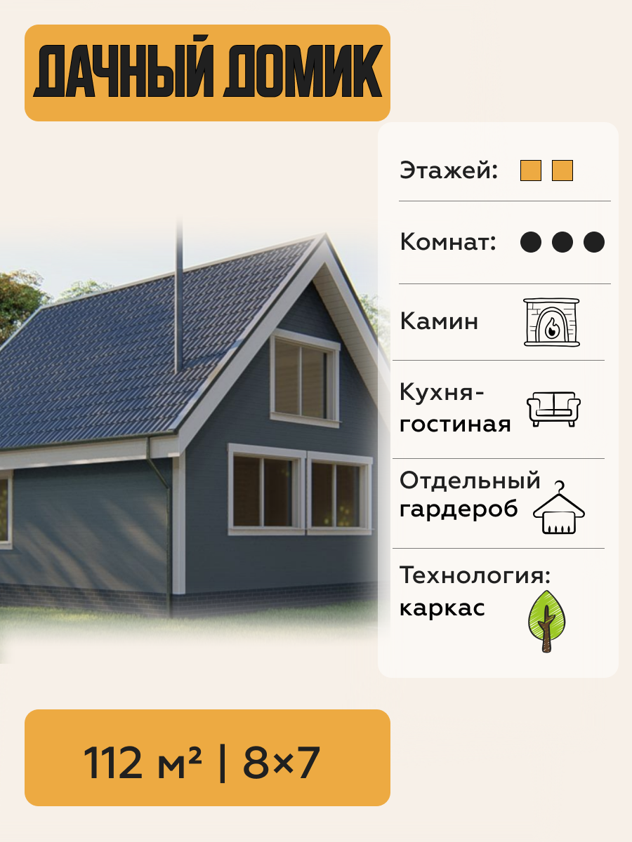 Проект двухэтажного каркасного дома с 3 спальнями 112 м2