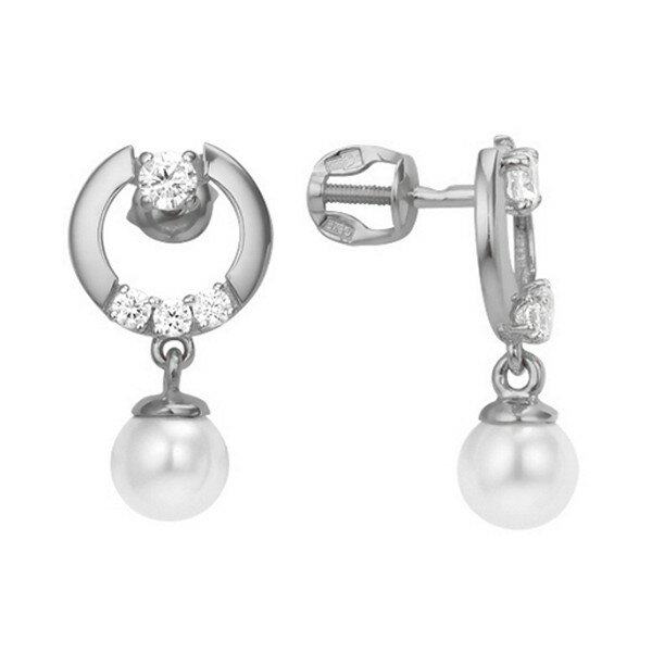Серьги пусеты, серебро, 925 проба, родирование, фианит, жемчуг