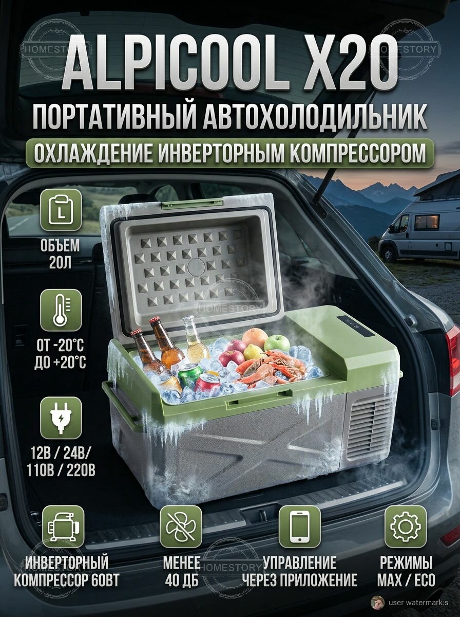 Автохолодильник компрессорный 20 литров 12-24-220В с Bluetooth для машины от прикуривателя