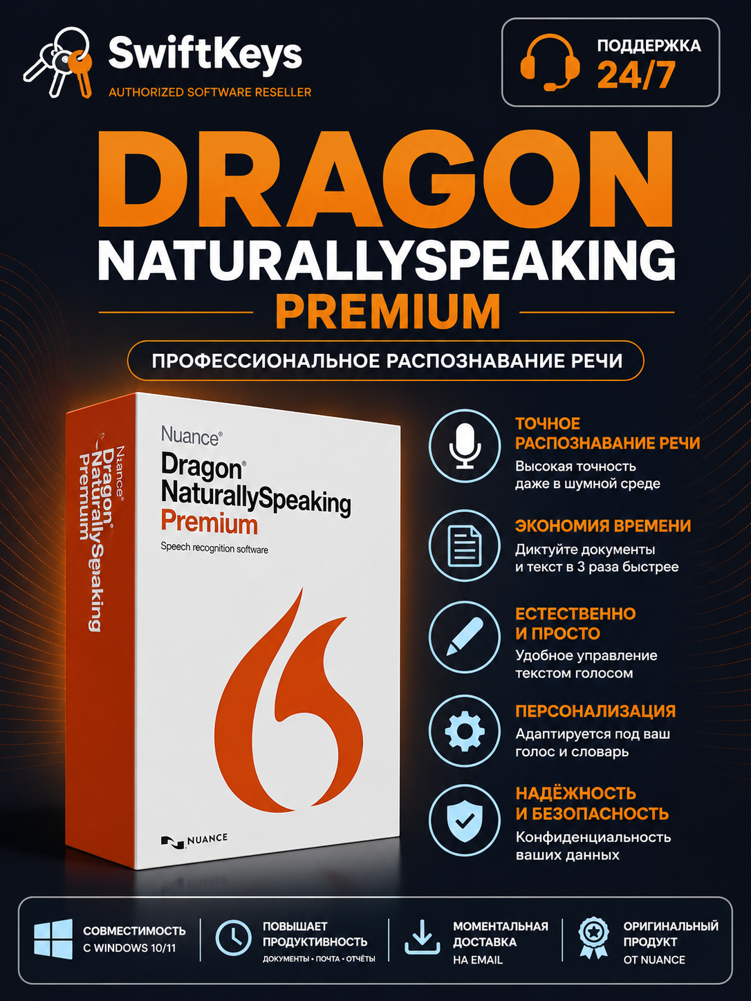 ПО для распознавания речи Dragon Naturally Speaking Nuance 13, электронный ключ, бессрочная лицензия
