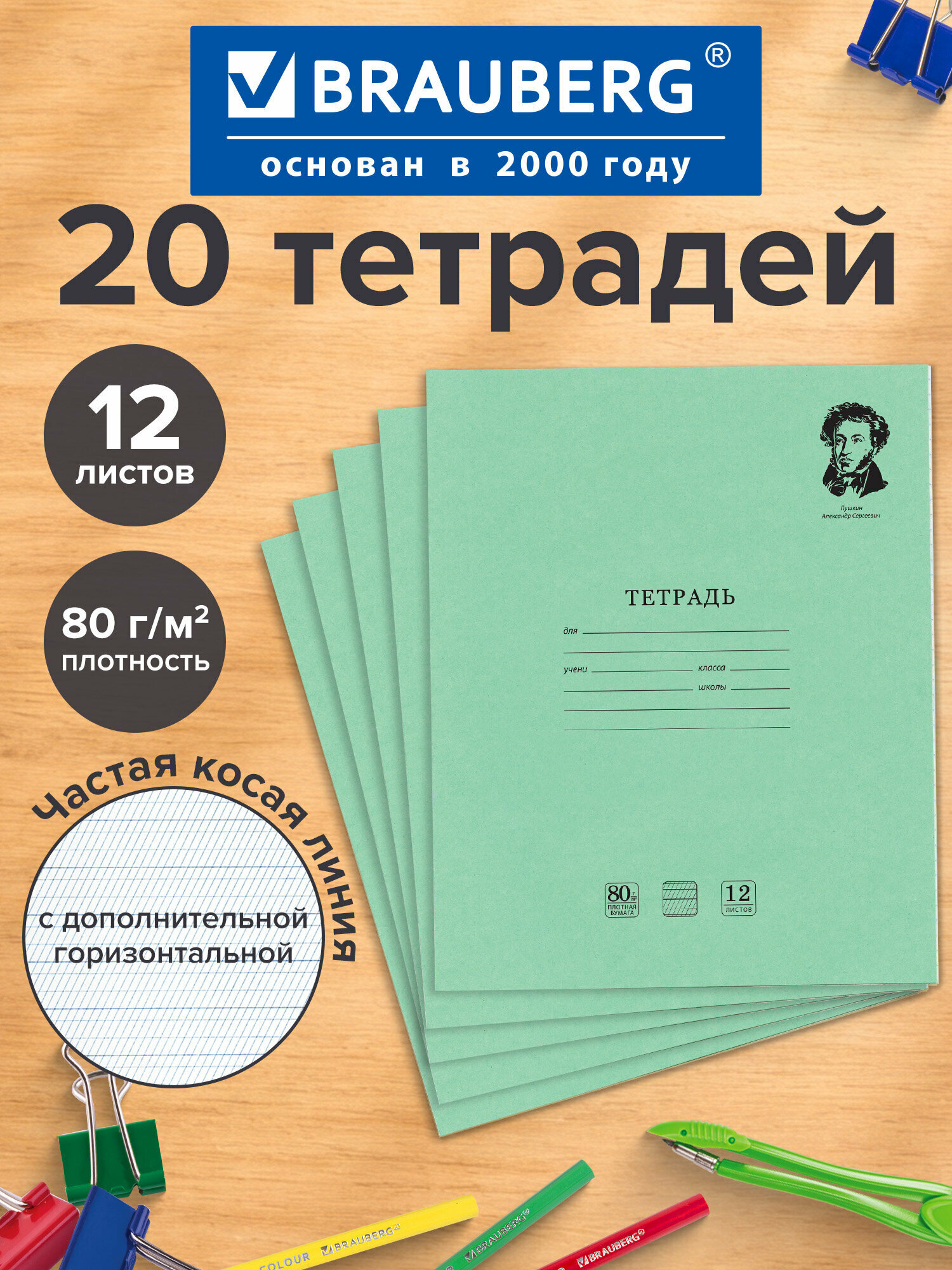 Тетрадь 12л. Комплект 20 шт BRAUBERG, великие имена, частая косая С ДОП. Горизонтальной, 80 г/м2, 880022