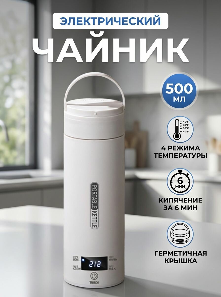Мини чайник-термос электрический с подъемным верхом 0,5 л / Компактный переносной термопот 4 температурных режима
