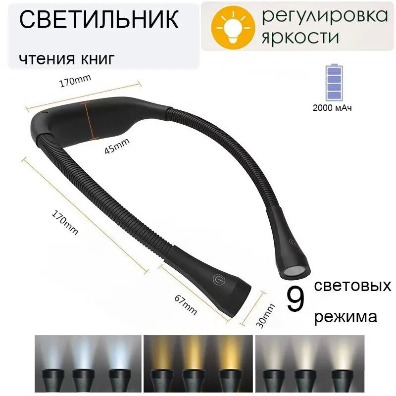 Фонарь-прожектор на шею беспроводной, 4 температуры света, до 80 часов без подзарядки — фото 1