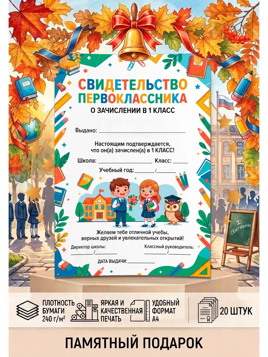 Свидетельство первоклассника на 1 сентября 20шт.