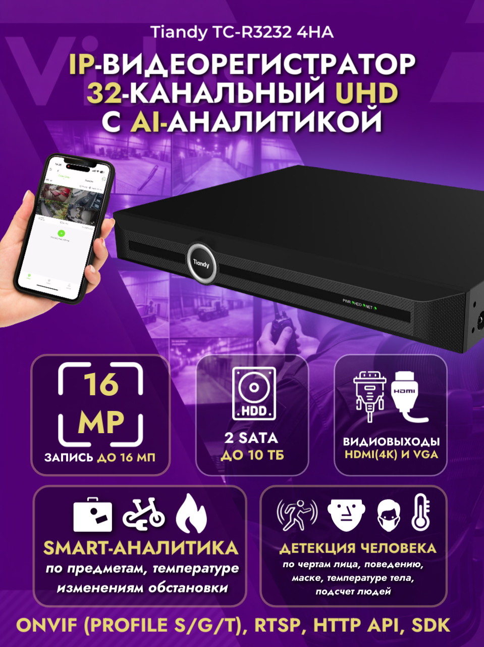 IP-видеорегистратор Tiandy TC-R3232 4HA 32-канальный 4K черный