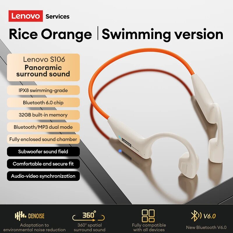 Lenovo S106, оранжевые наушники костной проводимости, Bluetooth 6.0, IPX8