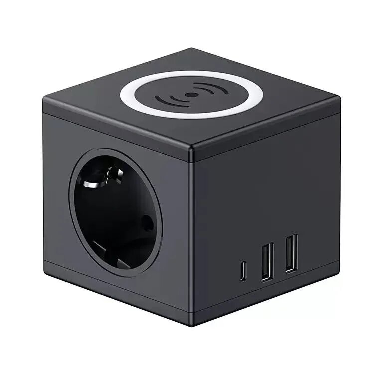 Сетевой фильтр куб, 16В/2500Вт 2 розеток с 2 USB и 1 Type-C, с Беспроводная зарядка
