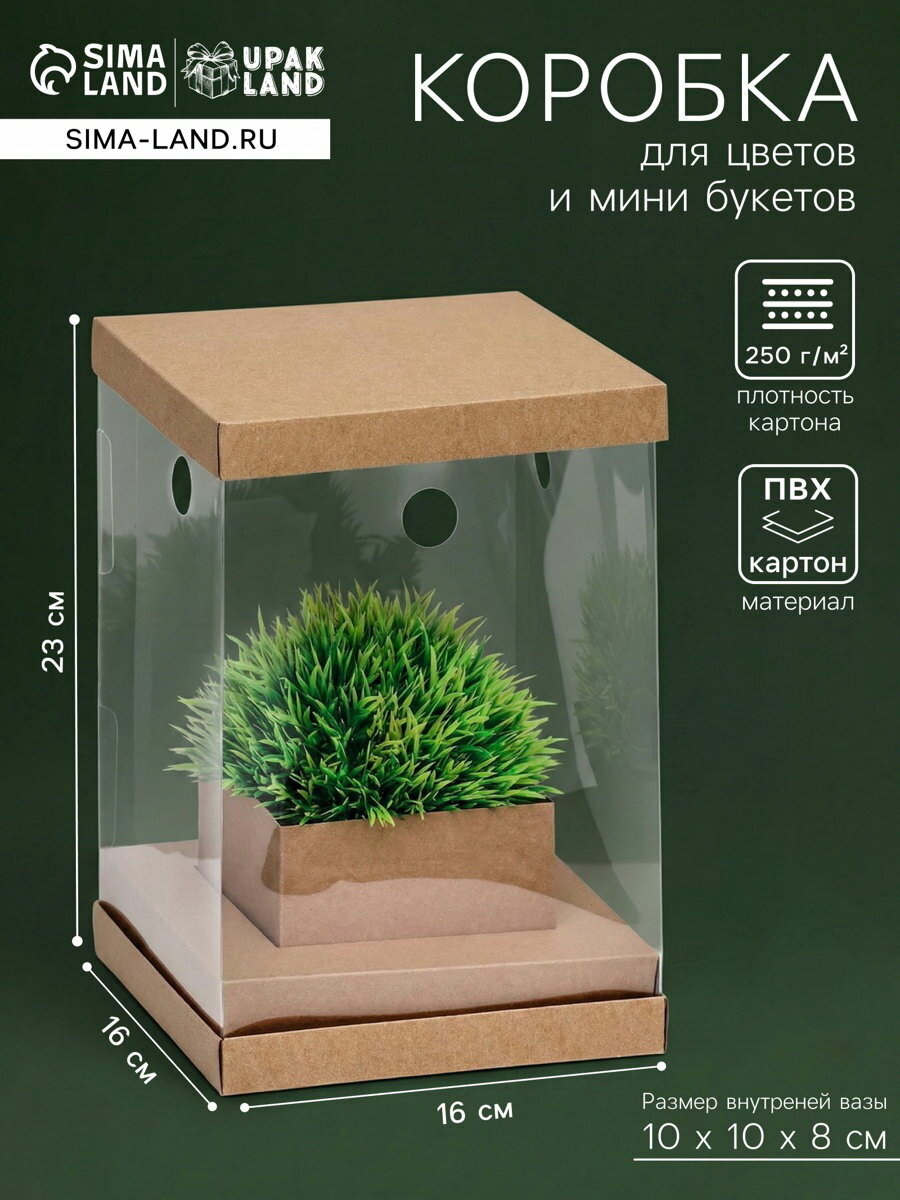Коробка для цветов с вазой и PVC окнами, складная, 16x23x16 см, крафт