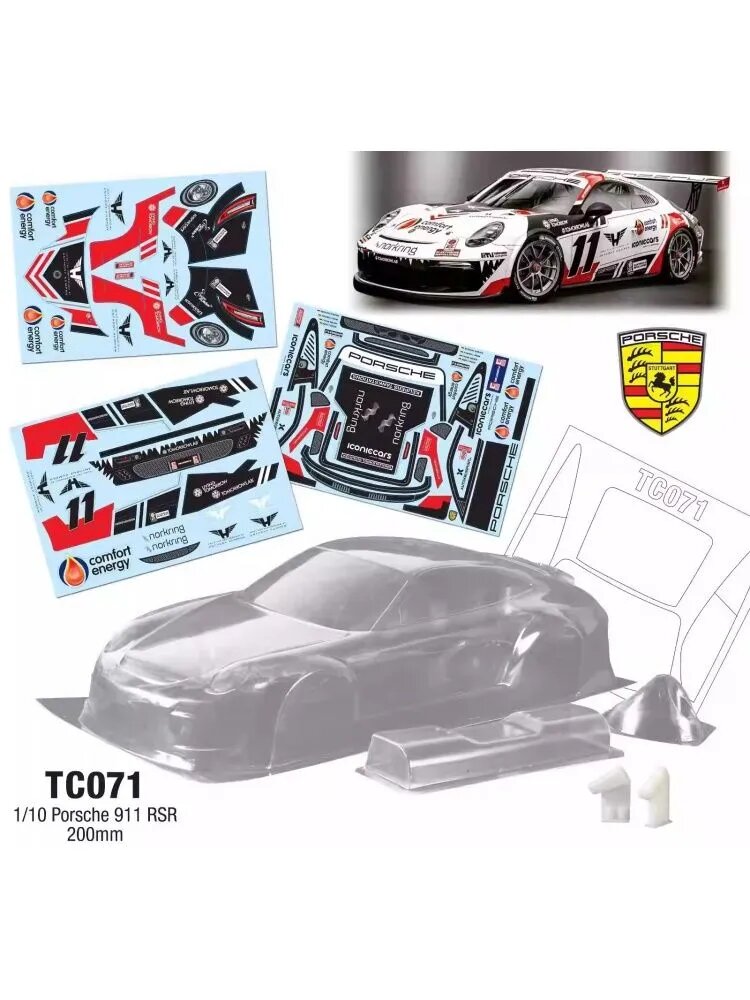 Аутентичный кузов 1/10 Porsche 911 RSR из поликарбоната (ширина 200 мм, колесная база 260 мм) с фарами и спойлером для HSP, MST, Yokomo, HPI.