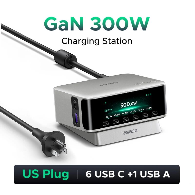 Зарядное устройство UGREEN 300W GaN с интеллектуальным дисплеем AVS PD 3.1, 7-в-1, настольная зарядная станция для MacBook Pro, ноутбуков, iPhone, Samsung, iPad