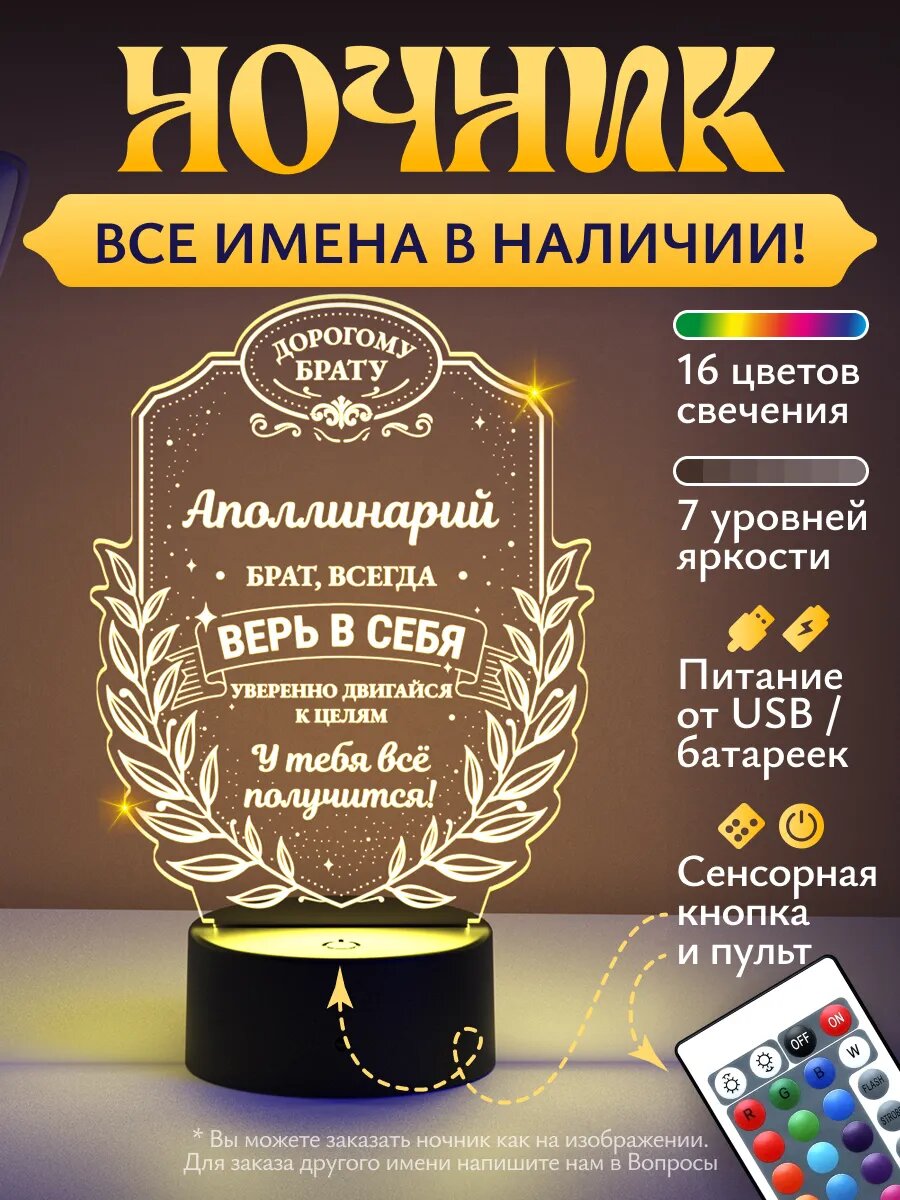 Ночник «Аполлинарий - брат, всегда верь в себя»