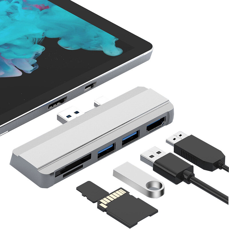 Совместим с док-станцией Surface Pro 4/5/6, USB-HDMI адаптером для дублирования экрана, картридером и расширителем функциональности.