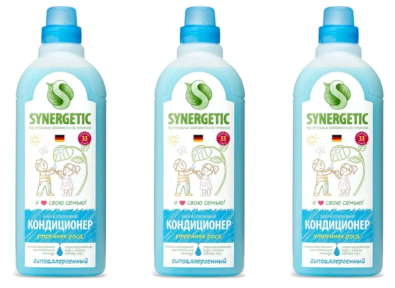 Кондиционер-ополаскиватель для белья Synergetic Утренняя роса, 1 л, 3 шт