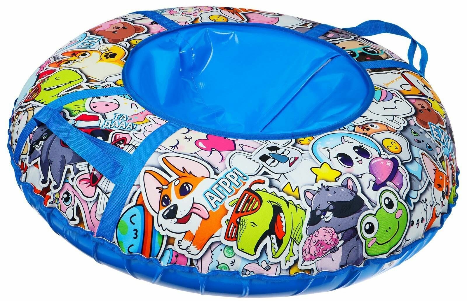 Тюбинг-ватрушка "Стикер" с LED-подсветкой, надувные санки-ледянка с камерой, ручками и буксировочным тросом, бублик для катания по снегу с горки, плюшка диаметр 90 см