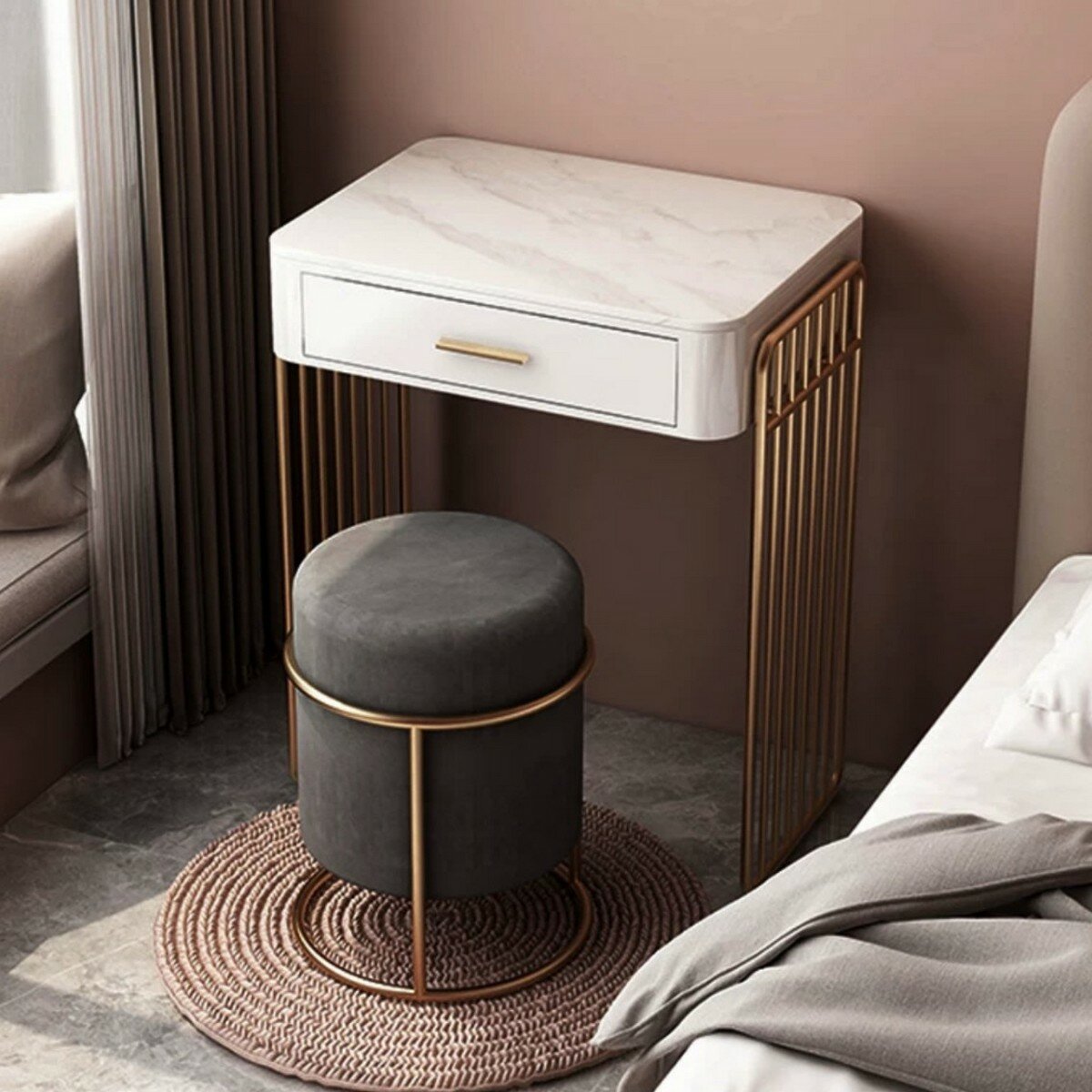 Туалетный столик Orly (Стол 55см / столешница керамическая + серый пуф, без зеркала)