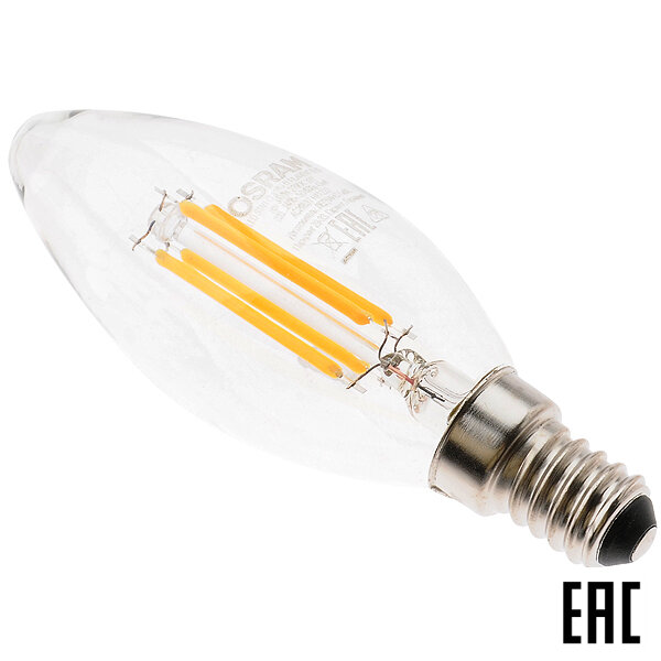 Лампа филаментная светодиодная OSRAM 5Вт 230В Е14 600Лм 2700K светодиодная "свеча" теплый белый свет OSRAM (2 шт. в комплекте)