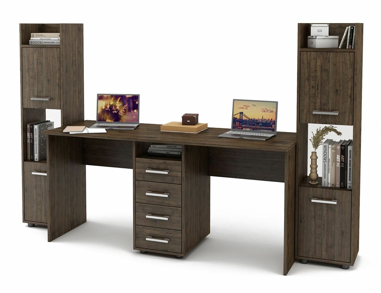 Стол письменный для двоих со стеллажами Остин (Ливерпуль) 8 дуб апрель темный