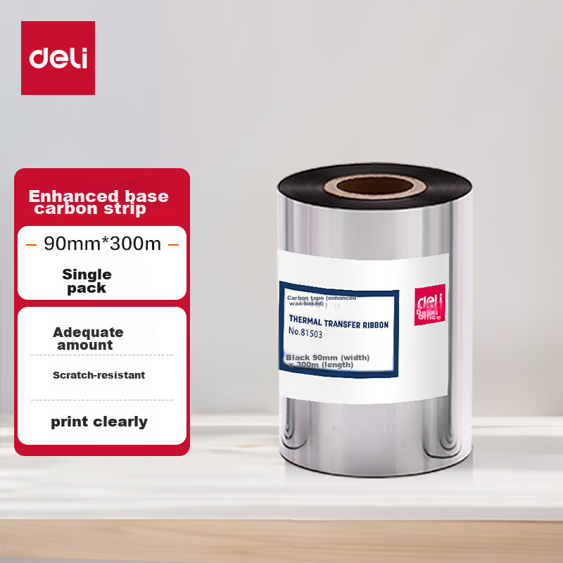 Deli 90mm*300m Thermal Transfer Barcode Printer, Label Printer Ribbon, Universal Enhanced Wax-Based Carbon Ribbon 81503 (Single Pack)