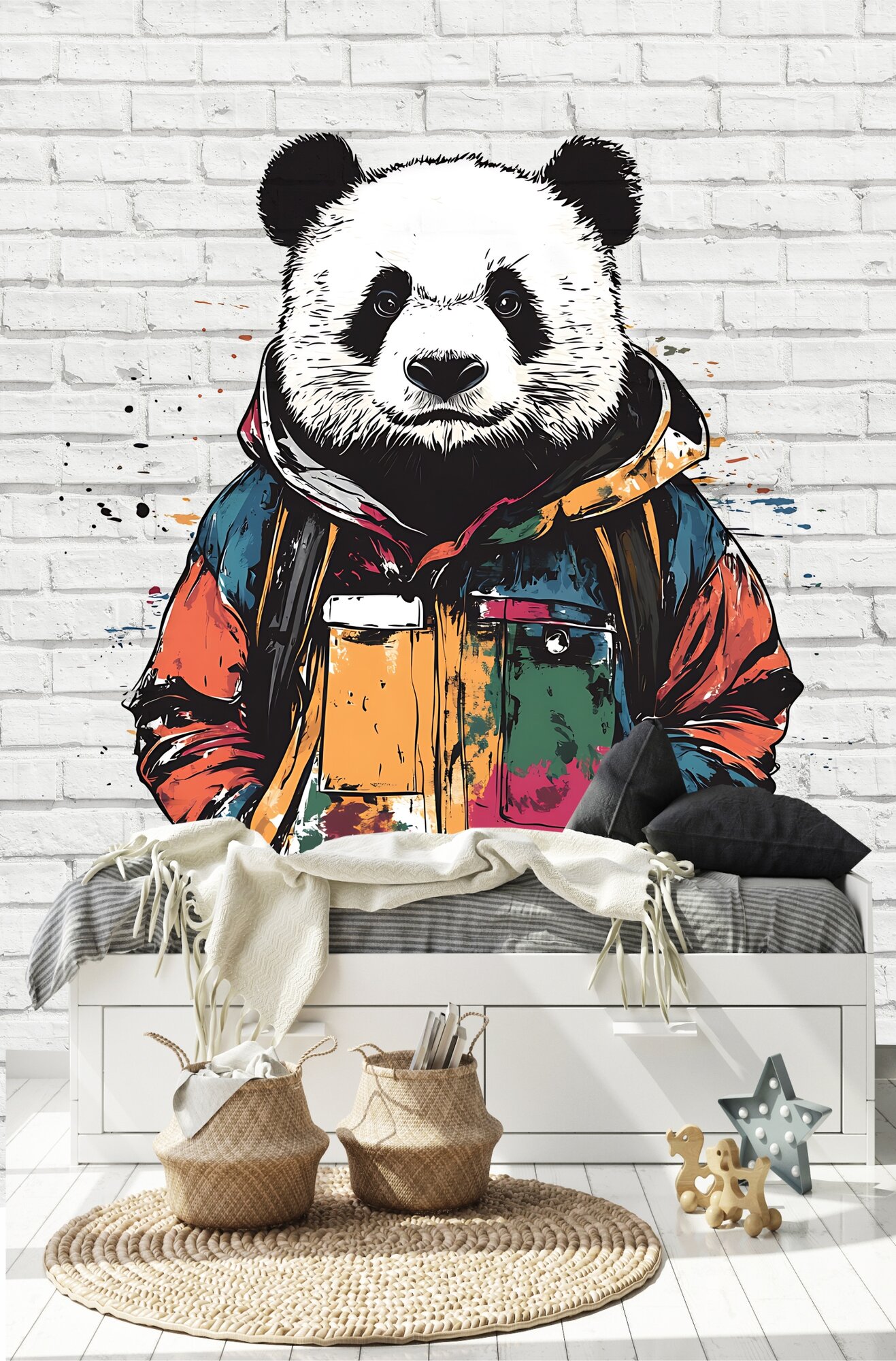Фотообои арт "Панда в яркой куртке на фоне кирпичной стены" 200х270 см для детской, в коридор, в комнату мальчика