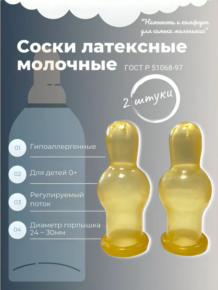 Соска латексная для бутылочек, латексные, комплект - 2 штуки