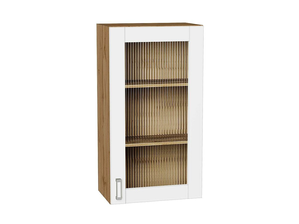 Шкаф верхний с 1-ой остекленной дверцей Лофт, цвет фасада White Silk, цвет каркаса Дуб Вотан, стекло Magic Moru V, 920*500*320 мм