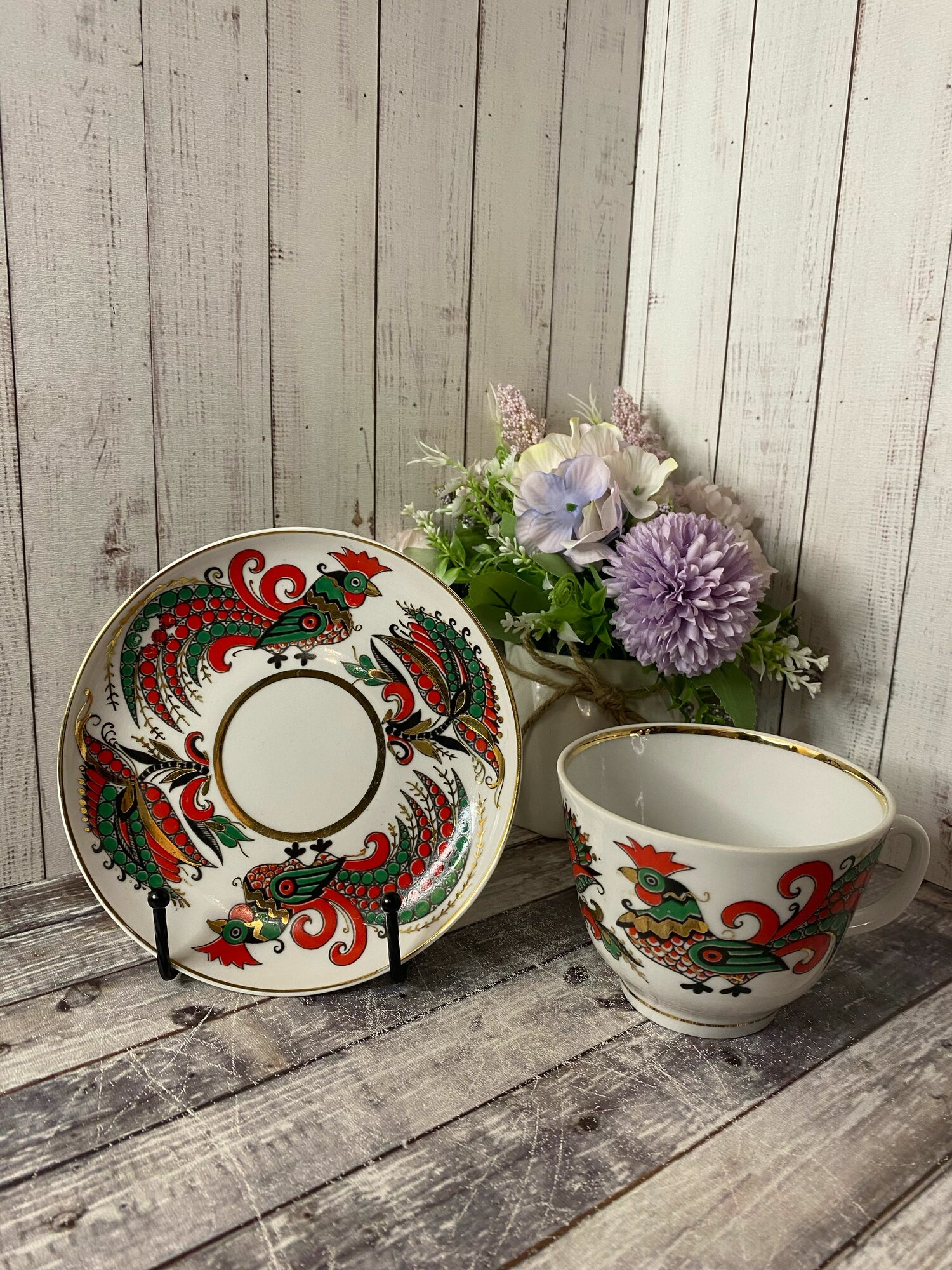 Чайная пара СССР Петушок ЛФЗ, фарфор 375 мл, редкость