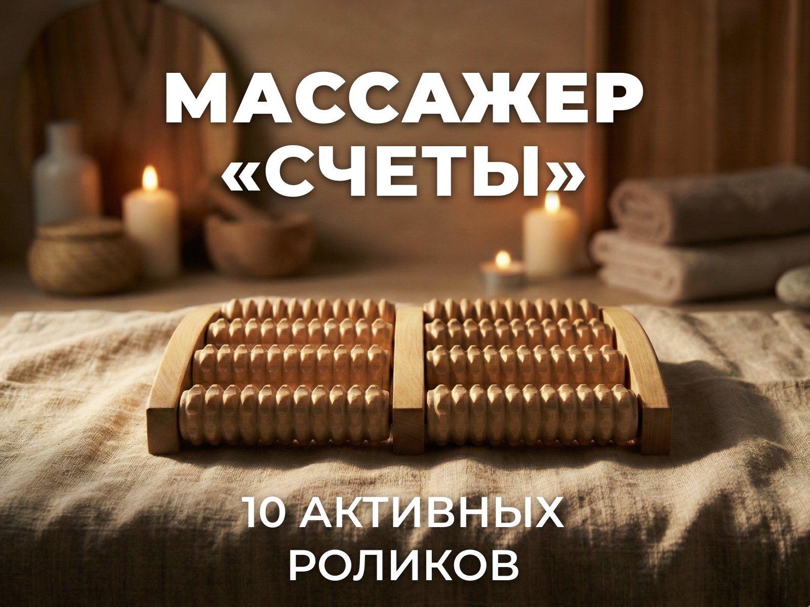 Массажер для стоп ног, шеи, поясницы роликовый деревянный "Счеты" с шипами тимбэ