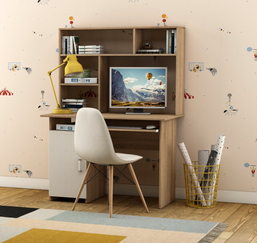 Стол письменный, стол компьютерный Лайт (Ньюкасл) 2К с надстройкой дуб сонома/белое дерево