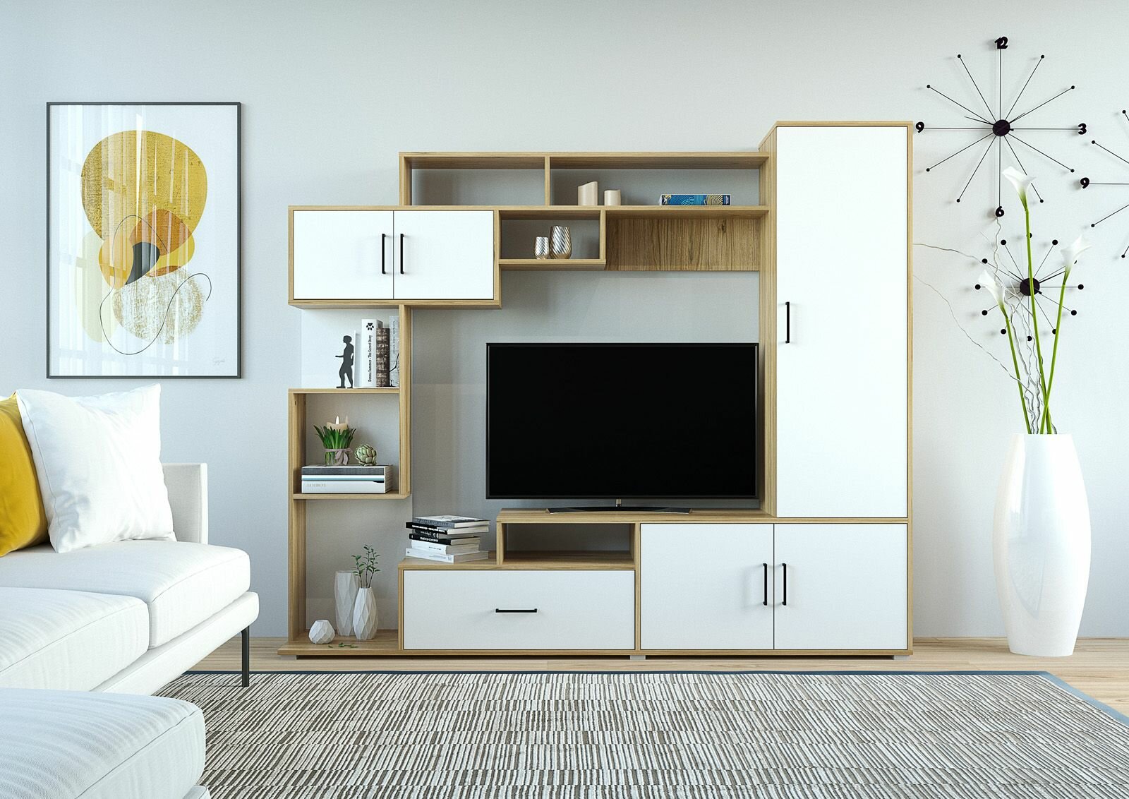 Гостиная Пекин, цвет Дуб золотой/Белый ширина 210 см ЛДСП с шкафом с открытыми и закрытыми полками и тумбой под ТВ
