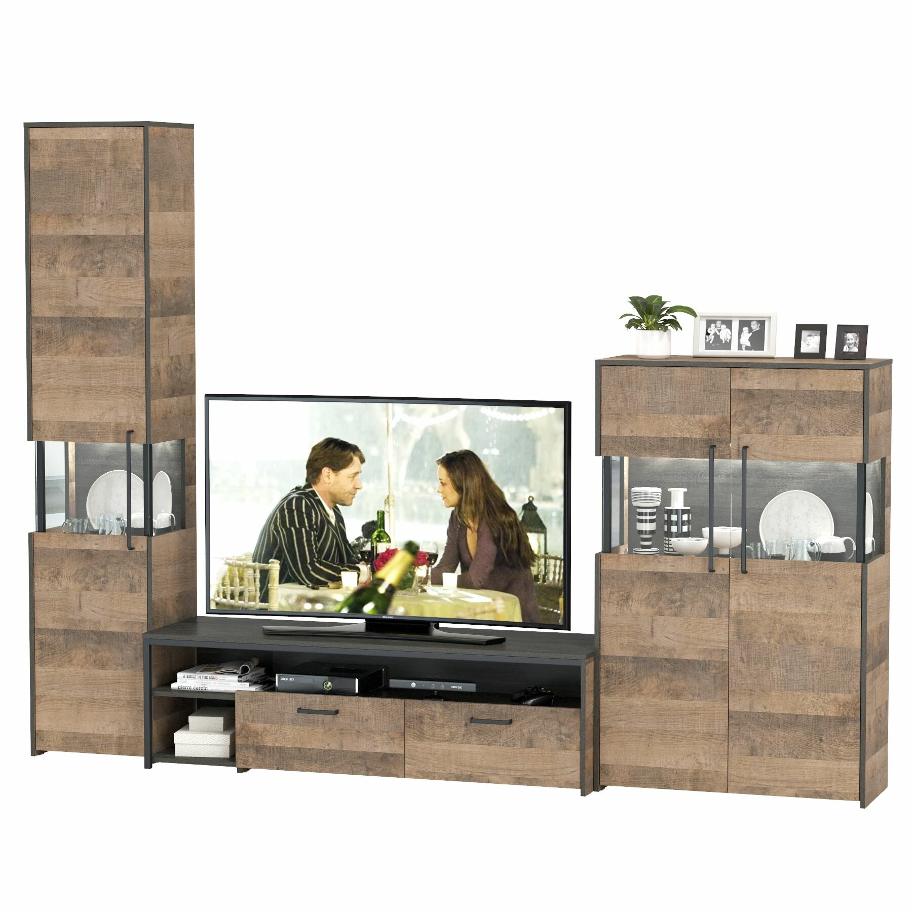 Мебель для гостиной в стиле лофт с подсветкой Трувор № 26, цвет дуб гранж песочный/интра, ШхГхВ 280,4х45,4х194,2 см.