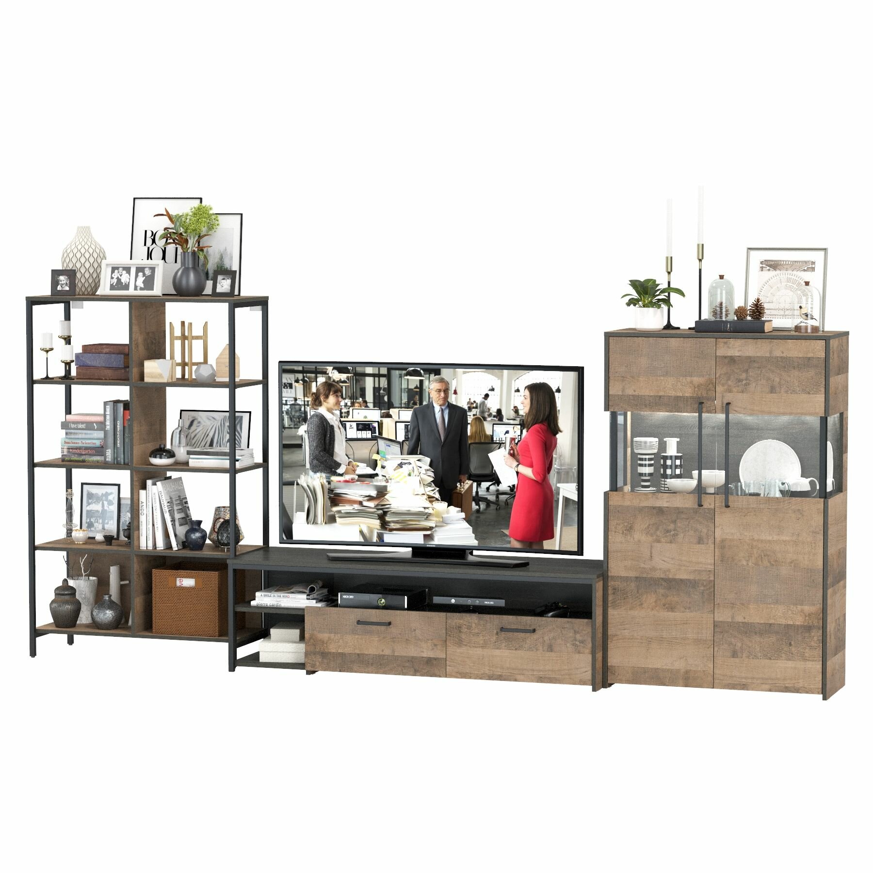 Гостиная с комодом-витриной с подсветкой серии Трувор № 58, цвет дуб гранж песочный/интра, ШхГхВ 325,6х45,4х146 см.